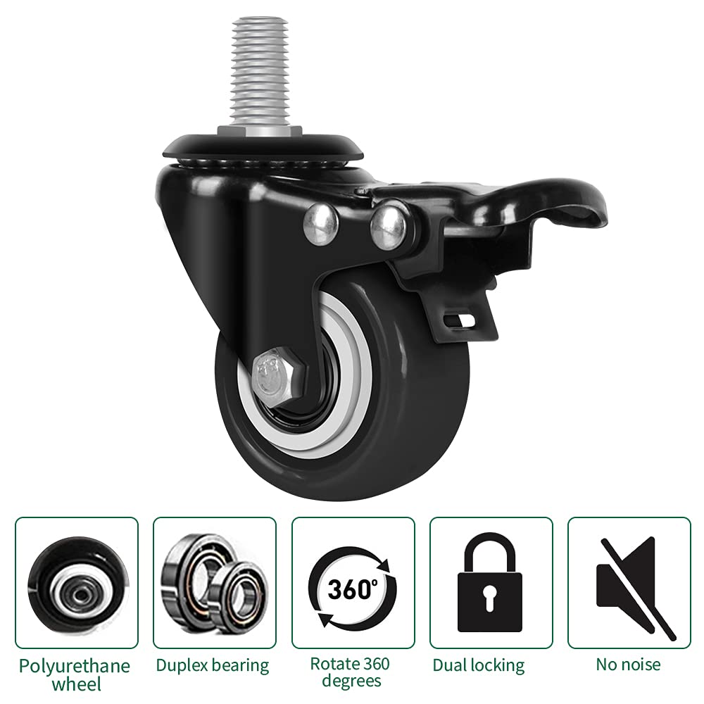 8T8 Replacement Locking Casters with Screw in Stem 3/8'',Set of 4, Heavy Duty, Rubber Caster Wheels with Hex Nut,Caster Wheel 3/8" with 16 TPI Threaded