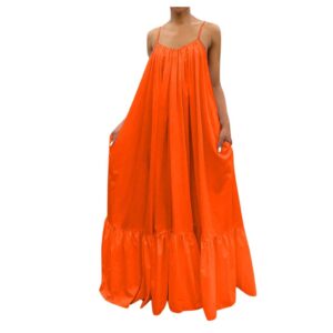 ixnzadn women solid color long dresses sleeveless off shoulder spaghetti strap dress casual loose big swing maxi dress orange,x-large