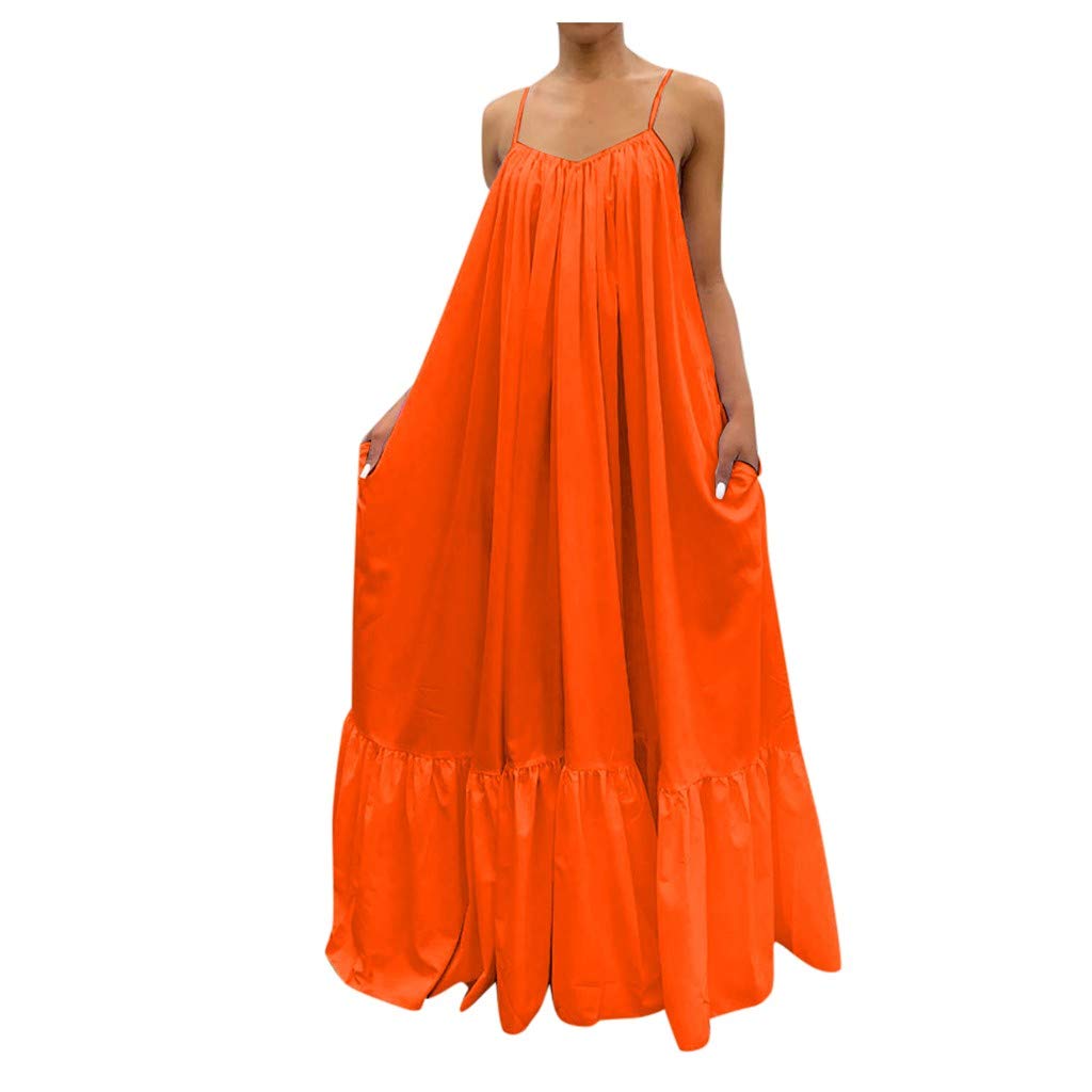 IXnzadn Women Solid Color Long Dresses Sleeveless Off Shoulder Spaghetti Strap Dress Casual Loose Big Swing Maxi Dress Orange,X-Large