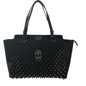 FiveloveTwo Women Skull Handbag Purse Gothic Top-handle Shoulder Bag PU Rivet Tote Satchel Black