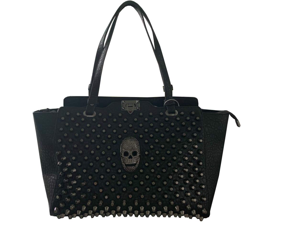 FiveloveTwo Women Skull Handbag Purse Gothic Top-handle Shoulder Bag PU Rivet Tote Satchel Black