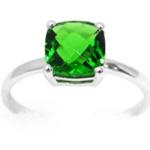 R90808G Classic Style Green Helenite Cushion Cut 8mm (1.6Ct) Sterling Silver Ring (Green, 7)