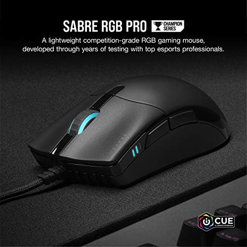 CORSAIR SABRE RGB PRO CHAMPION SERIES FPS/MOBA Gaming Mouse - Ergonomic Shape for Esports and Competitive Play - Ultra-Lightweight 74g - Flexible Paracord Cable,Black