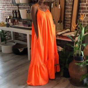 IXnzadn Women Solid Color Long Dresses Sleeveless Off Shoulder Spaghetti Strap Dress Casual Loose Big Swing Maxi Dress Orange,X-Large