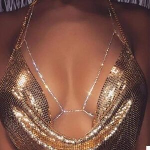 aimimier rhinestone body chain bra summer beach bikini waist chain chest belly chain crystal sexy body jewelry for women and girls (silver)