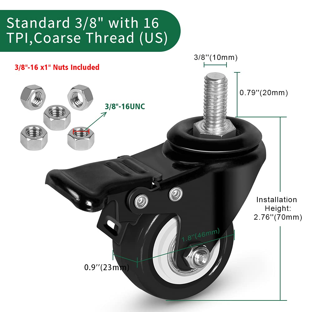 8T8 Replacement Locking Casters with Screw in Stem 3/8'',Set of 4, Heavy Duty, Rubber Caster Wheels with Hex Nut,Caster Wheel 3/8" with 16 TPI Threaded