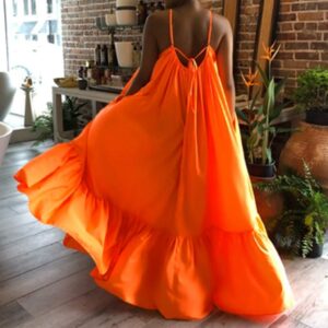 IXnzadn Women Solid Color Long Dresses Sleeveless Off Shoulder Spaghetti Strap Dress Casual Loose Big Swing Maxi Dress Orange,X-Large