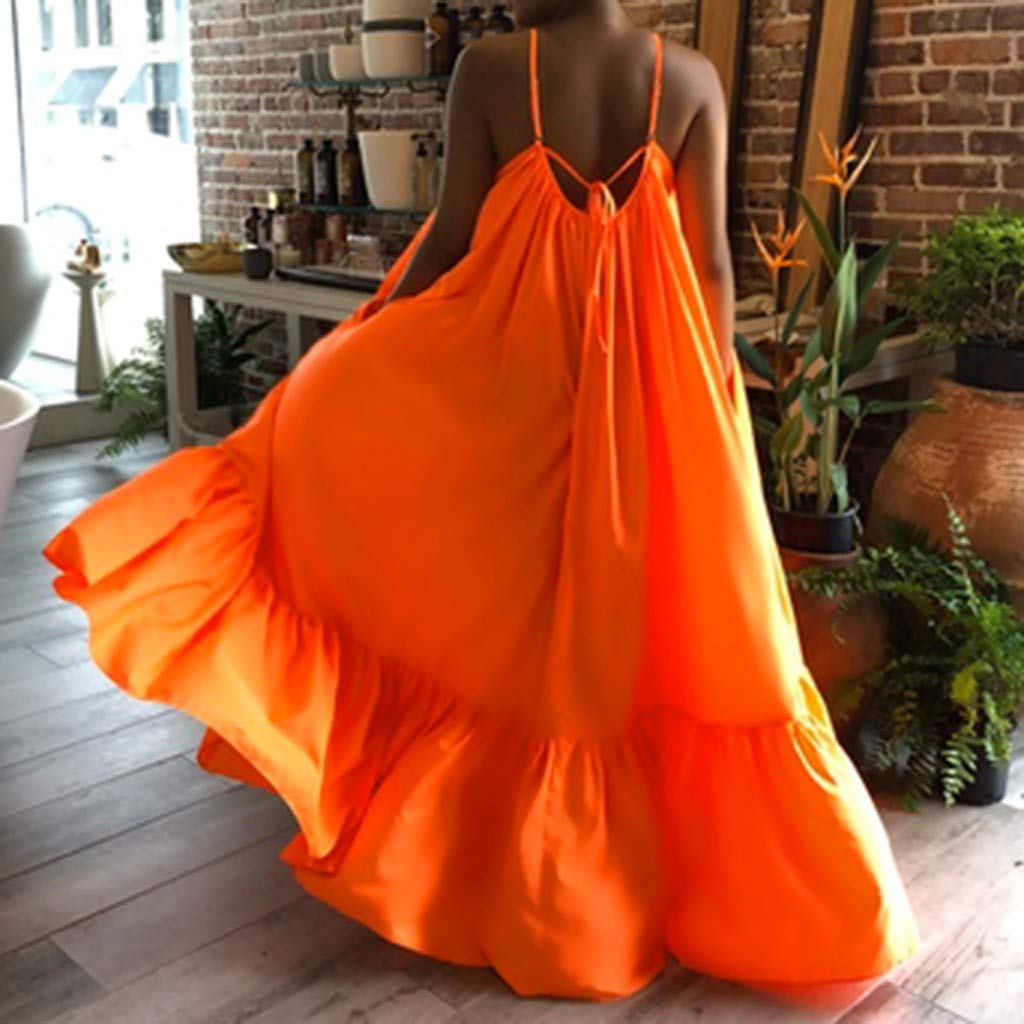 IXnzadn Women Solid Color Long Dresses Sleeveless Off Shoulder Spaghetti Strap Dress Casual Loose Big Swing Maxi Dress Orange,X-Large