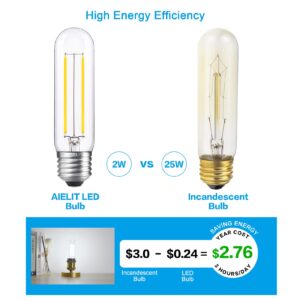 AIELIT E26 LED Tubular Light Bulb 25 Watt Equivalent, Bright White 5000K, 200 Lumens, 2W Daylight DimmableT10/T30 Edison LED Filament Bulbs for Chandelier, 4-Pack