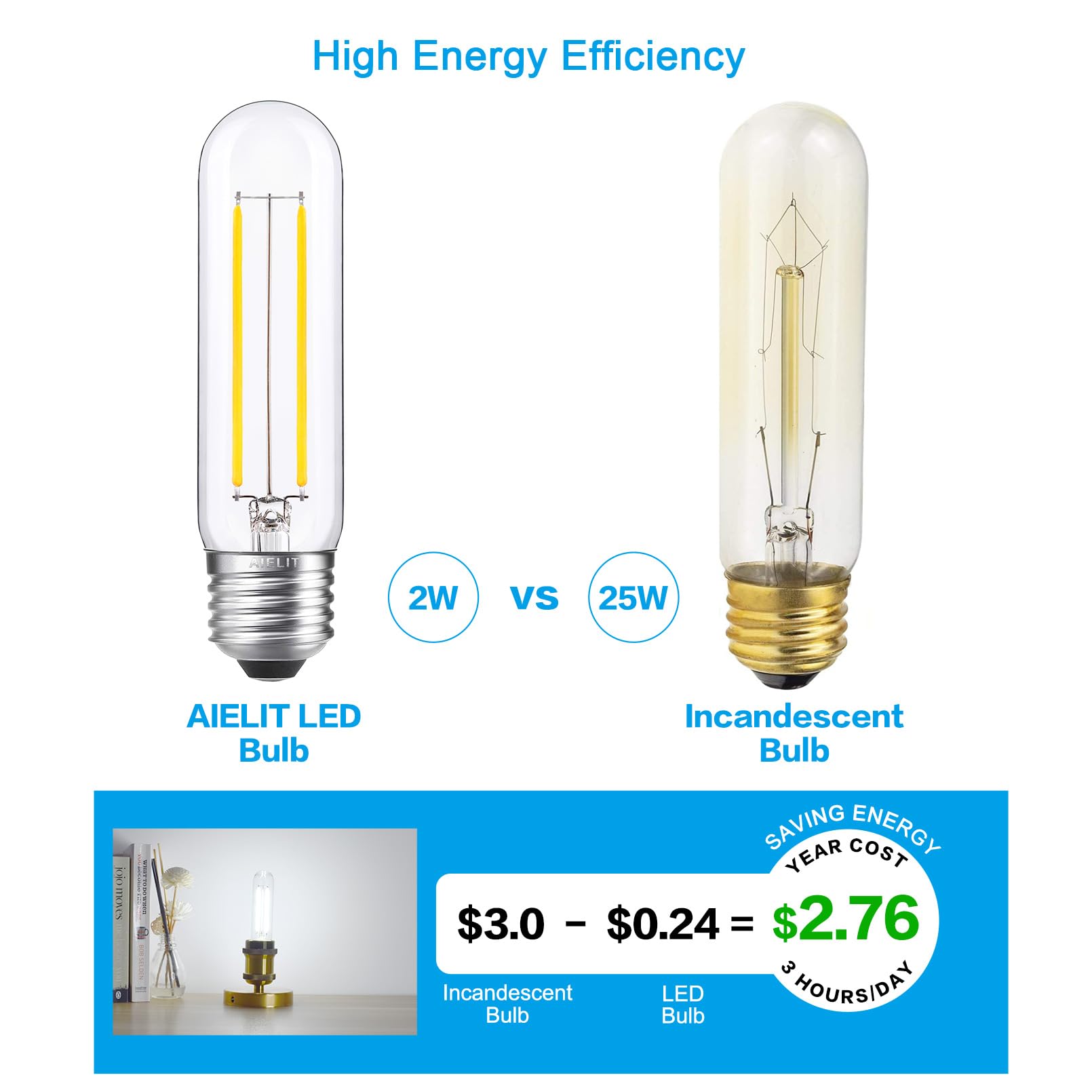 AIELIT E26 LED Tubular Light Bulb 25 Watt Equivalent, Bright White 5000K, 200 Lumens, 2W Daylight DimmableT10/T30 Edison LED Filament Bulbs for Chandelier, 4-Pack