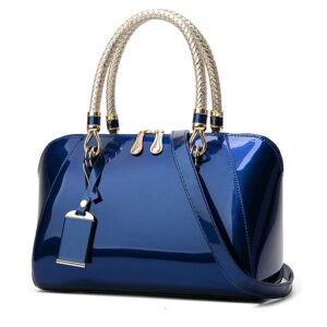 ziming glossy patent leather handbags for women top handle purse satchel bag stylish handbag medium tote bags shoulder bag evening bag-blue