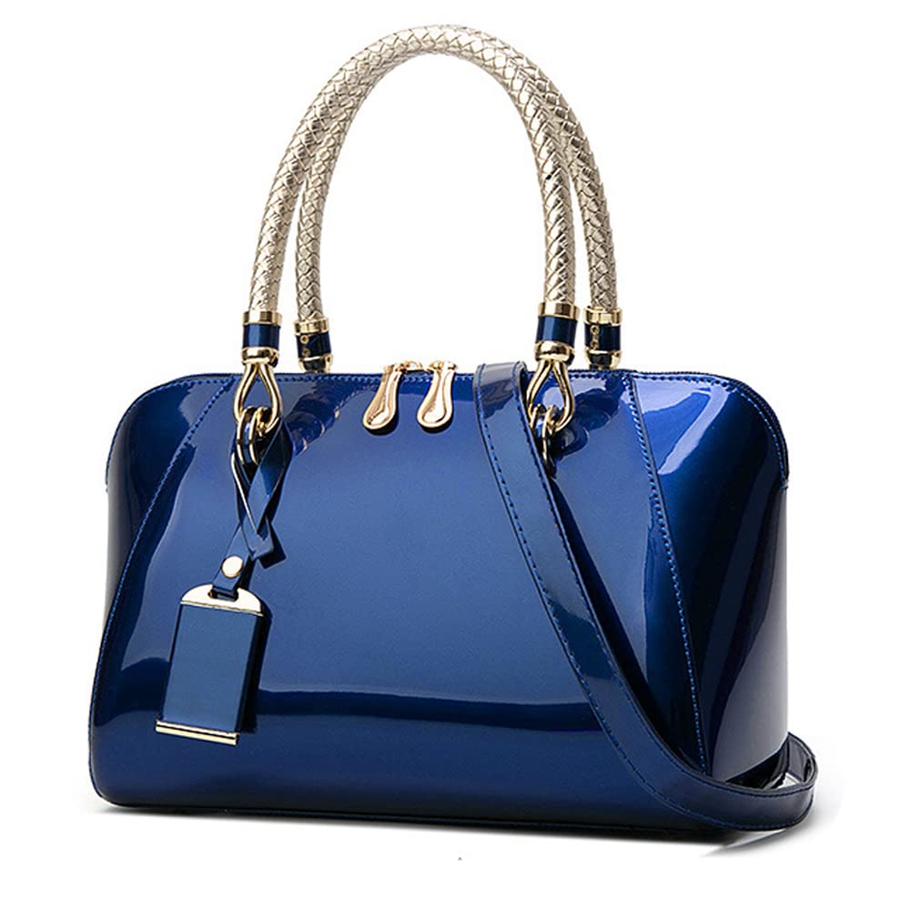 ZiMing Glossy Patent Leather Handbags for Women Top Handle Purse Satchel Bag Stylish Handbag Medium Tote Bags Shoulder Bag Evening Bag-Blue