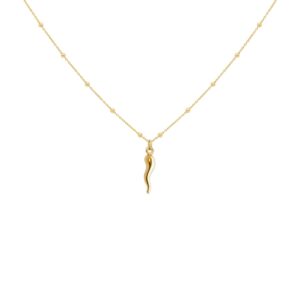 FRONAY Italian Vermeil Horn Necklace - 14k Gold Plated Silver Cornicello Good Luck Pendant (Mini Golden)