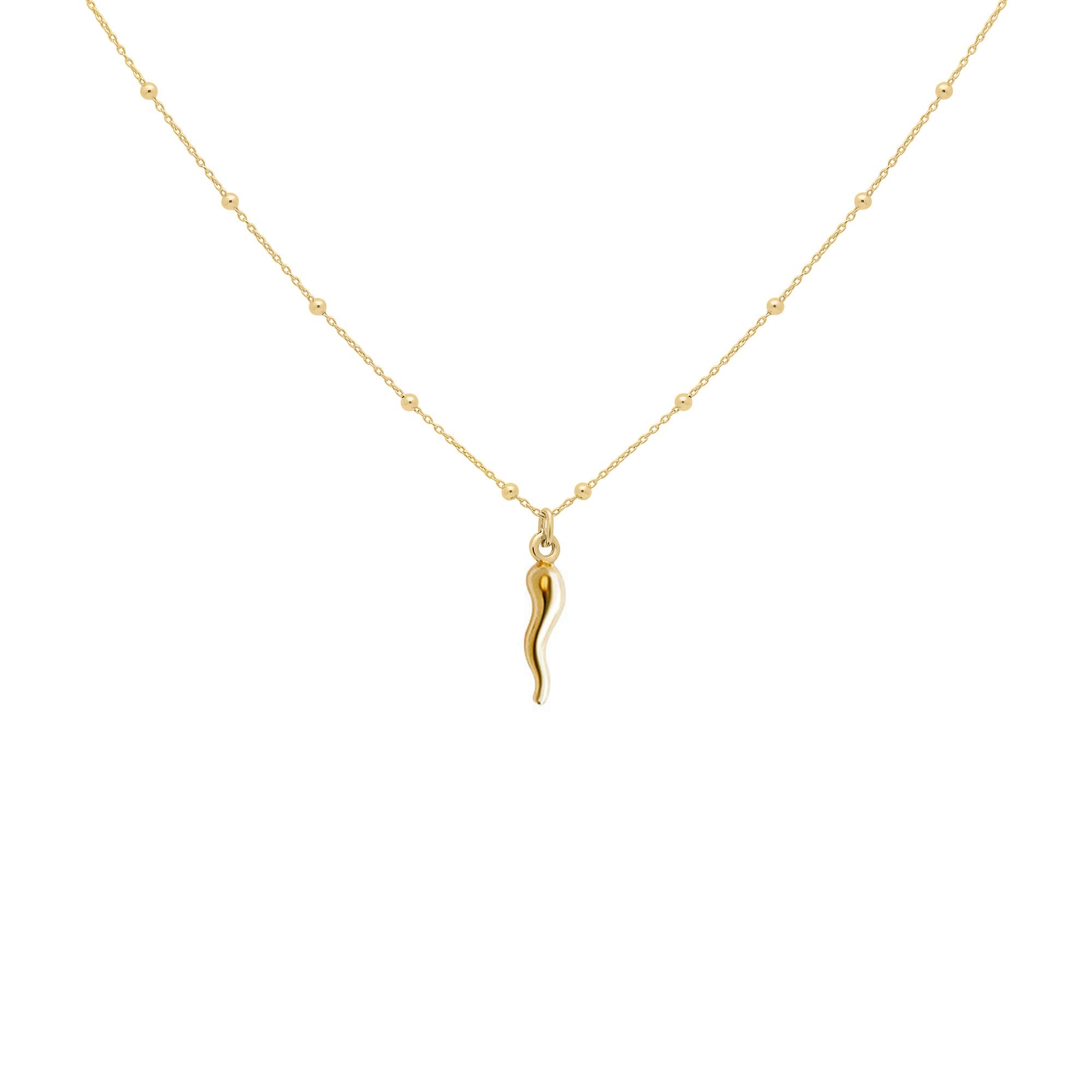 FRONAY Italian Vermeil Horn Necklace - 14k Gold Plated Silver Cornicello Good Luck Pendant (Mini Golden)