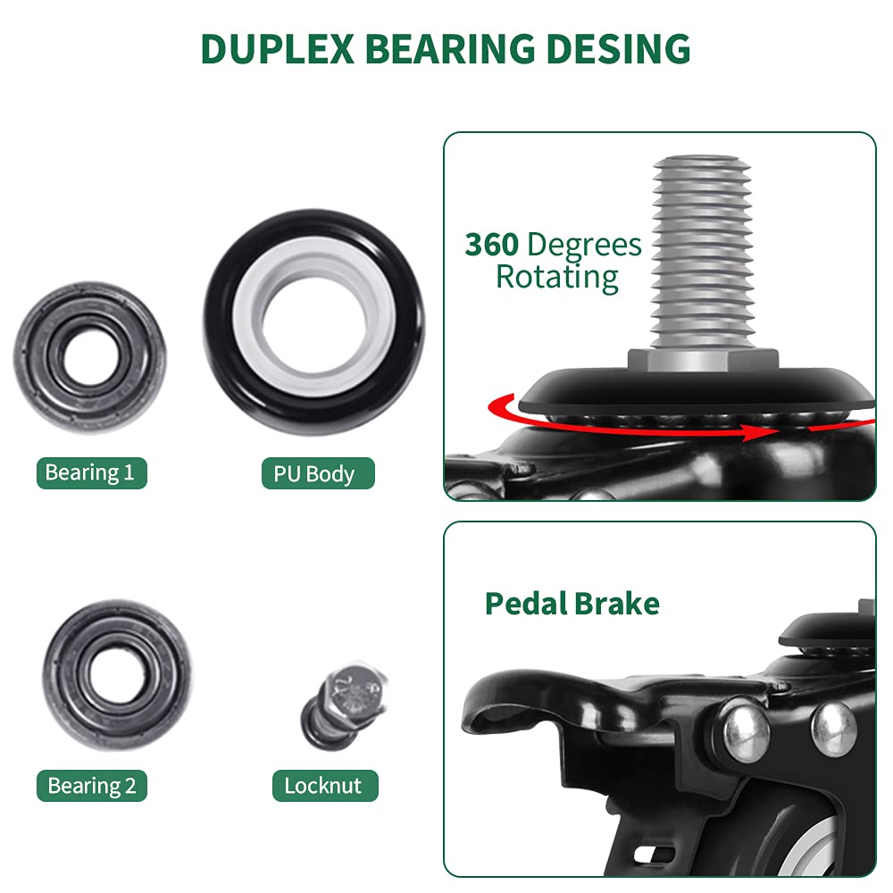 8T8 Replacement Locking Casters with Screw in Stem 3/8'',Set of 4, Heavy Duty, Rubber Caster Wheels with Hex Nut,Caster Wheel 3/8" with 16 TPI Threaded