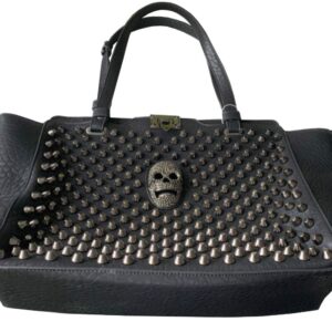 FiveloveTwo Women Skull Handbag Purse Gothic Top-handle Shoulder Bag PU Rivet Tote Satchel Black