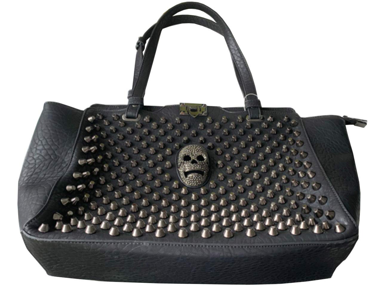 FiveloveTwo Women Skull Handbag Purse Gothic Top-handle Shoulder Bag PU Rivet Tote Satchel Black