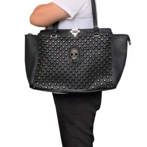 FiveloveTwo Women Skull Handbag Purse Gothic Top-handle Shoulder Bag PU Rivet Tote Satchel Black