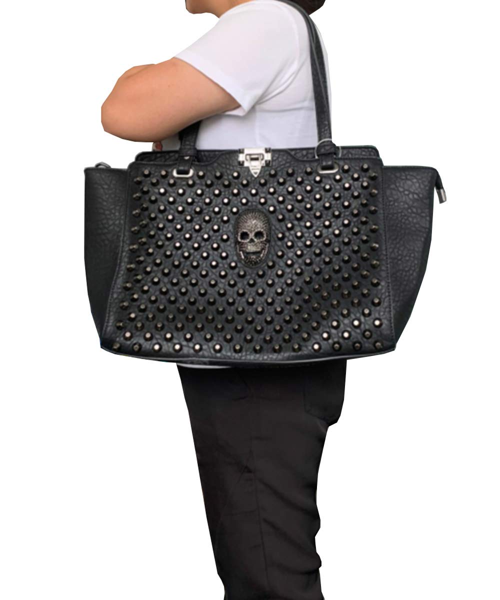 FiveloveTwo Women Skull Handbag Purse Gothic Top-handle Shoulder Bag PU Rivet Tote Satchel Black