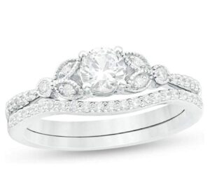 round cut 1/6 ct simulated diamond leaf-sides vintage-style bridal engagement wedding ring set for womens in 925 sterling silver