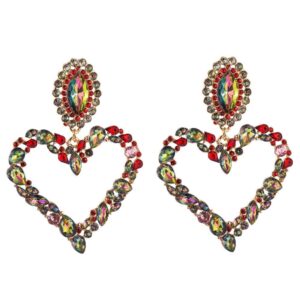 Xerling Large Heart Rhinestone Crystal Dangle Earrings Statement Drop Earrings for Women Girls Brides Love Heart Stud Earrings (Colorful)