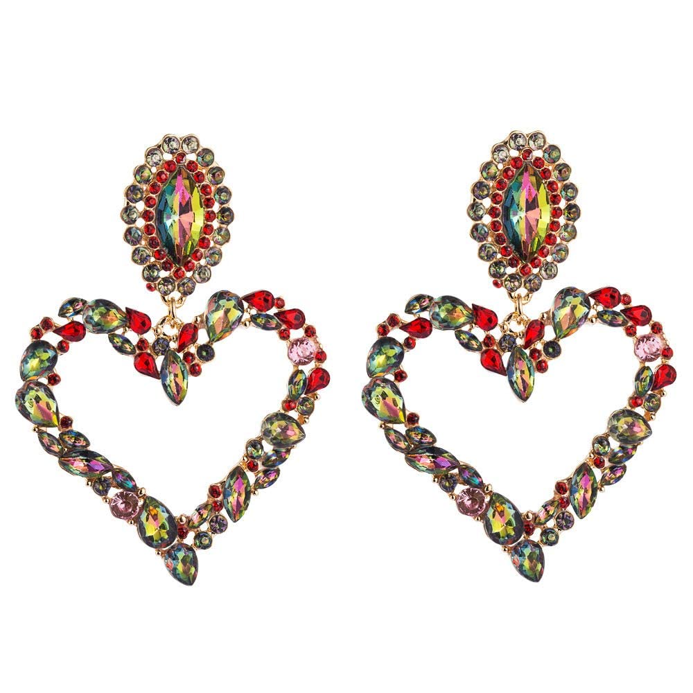 Xerling Large Heart Rhinestone Crystal Dangle Earrings Statement Drop Earrings for Women Girls Brides Love Heart Stud Earrings (Colorful)