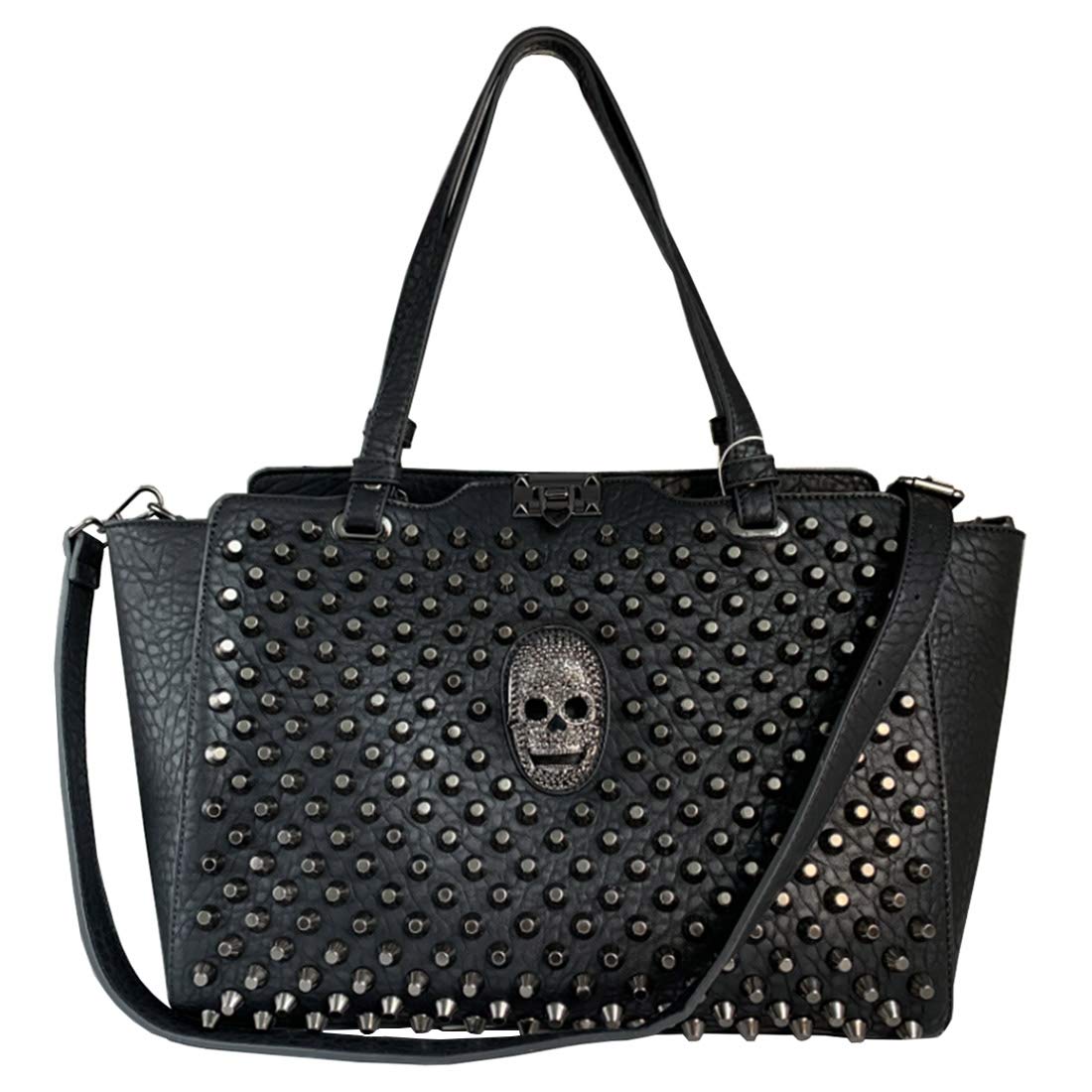 FiveloveTwo Women Skull Handbag Purse Gothic Top-handle Shoulder Bag PU Rivet Tote Satchel Black