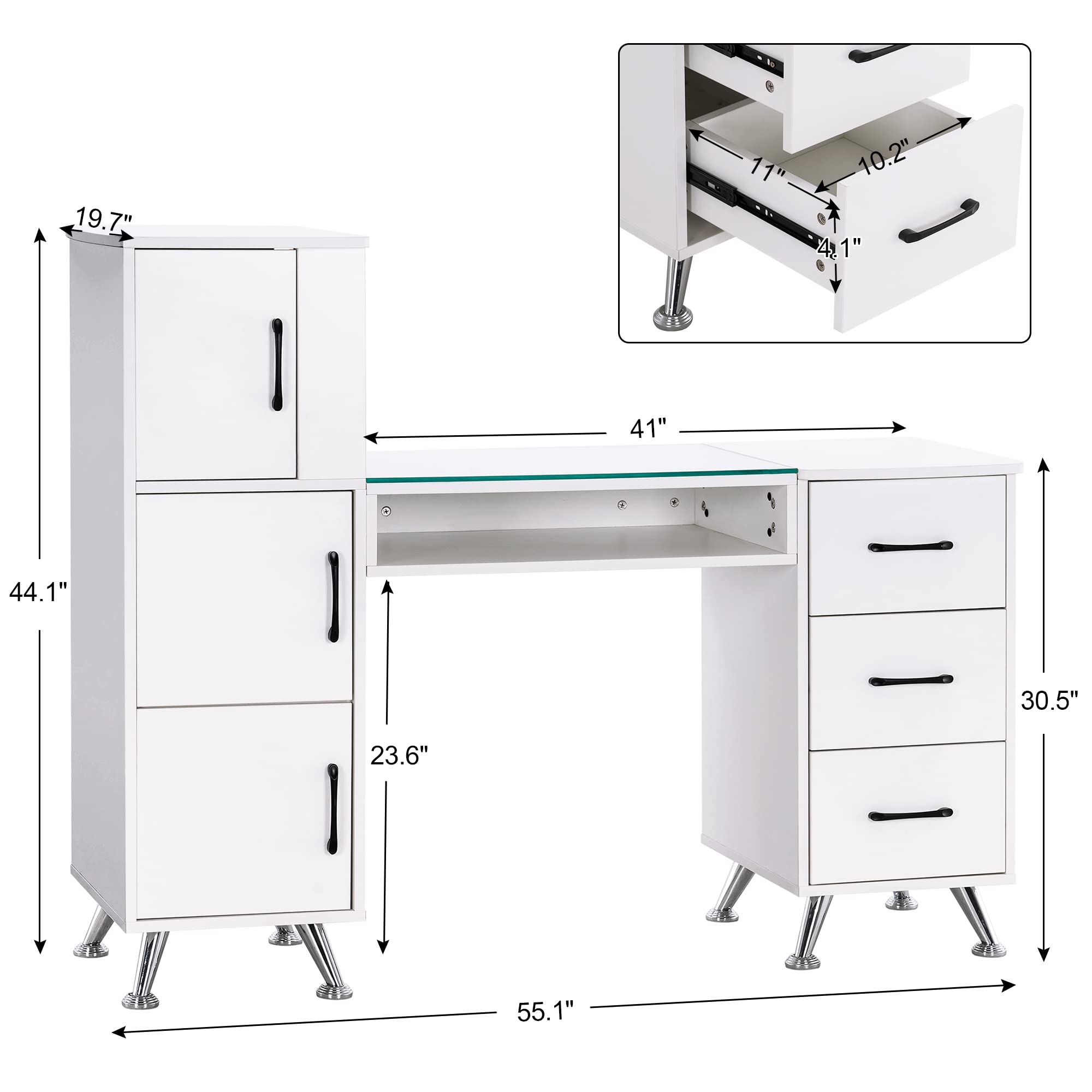 BarberPub Manicure Table, Nail Makeup Desk with Drawers, Storage Beauty Salon Workstation 2611 (White)