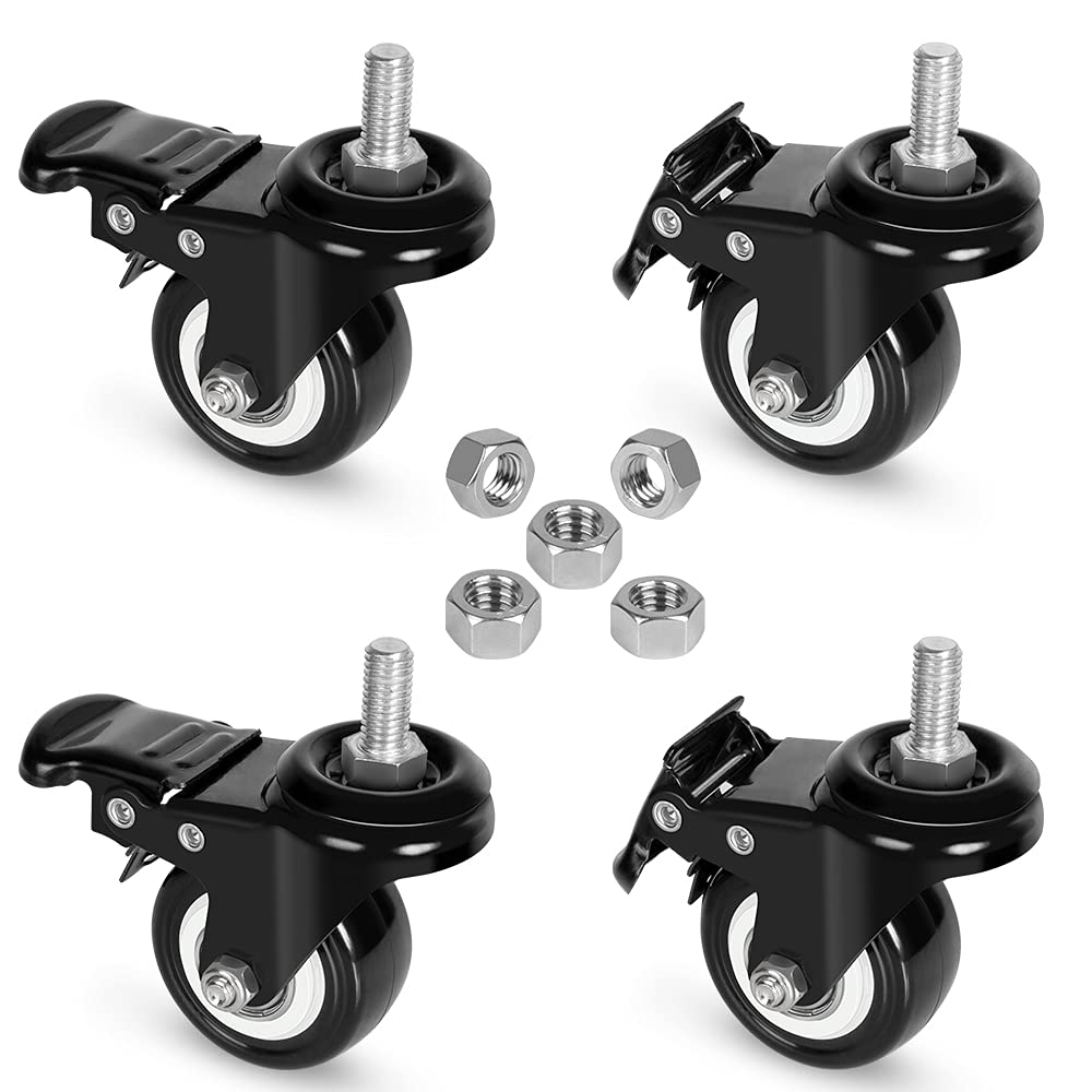 8T8 Replacement Locking Casters with Screw in Stem 3/8'',Set of 4, Heavy Duty, Rubber Caster Wheels with Hex Nut,Caster Wheel 3/8" with 16 TPI Threaded