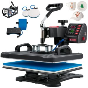 vevor heat press machine, 12 x 15 inch, 5 in 1 combo swing away t-shirt sublimation transfer printer with teflon coated, mug/hat/plate accessories included, etl/fcc certificated, black