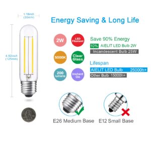 AIELIT E26 LED Tubular Light Bulb 25 Watt Equivalent, Bright White 5000K, 200 Lumens, 2W Daylight DimmableT10/T30 Edison LED Filament Bulbs for Chandelier, 4-Pack