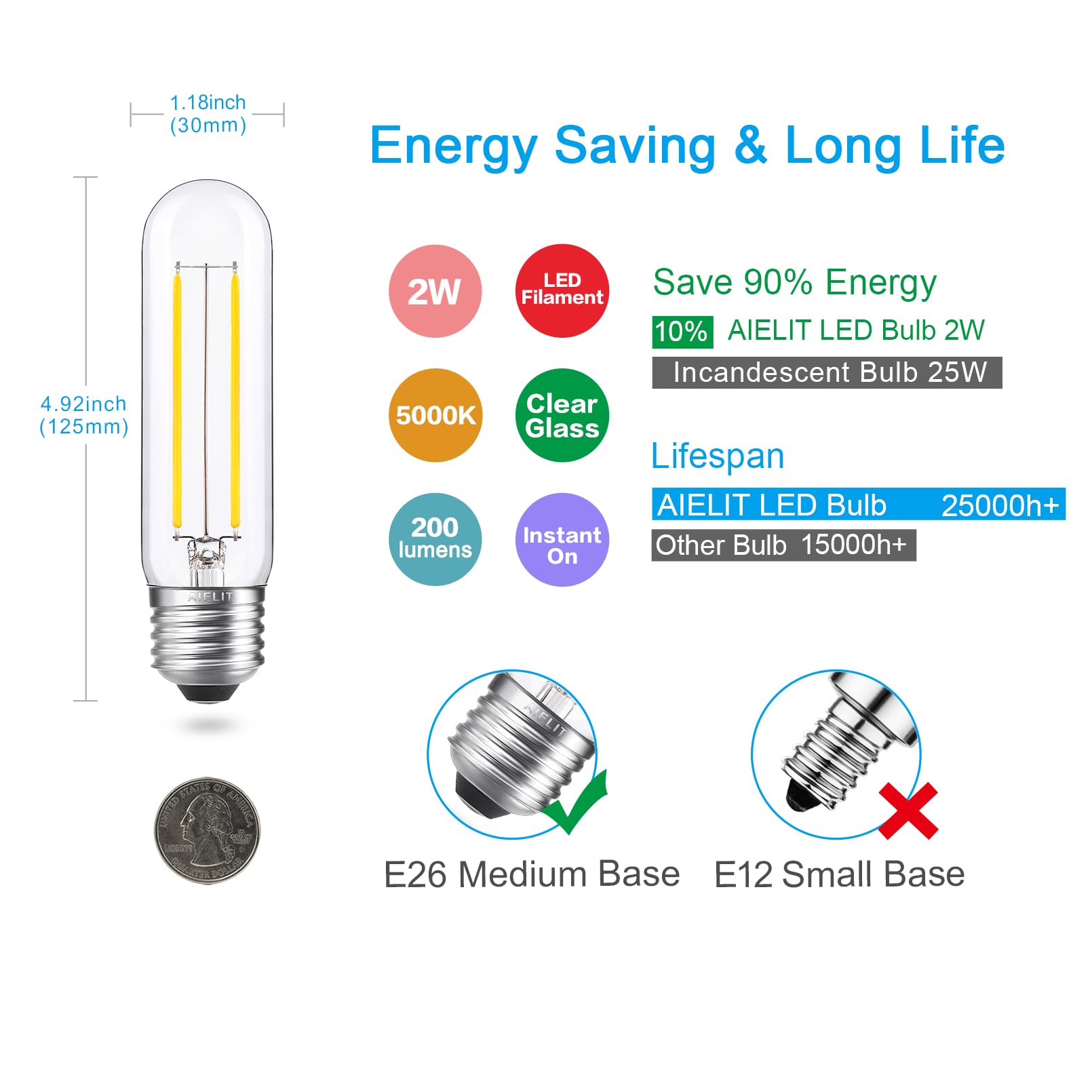 AIELIT E26 LED Tubular Light Bulb 25 Watt Equivalent, Bright White 5000K, 200 Lumens, 2W Daylight DimmableT10/T30 Edison LED Filament Bulbs for Chandelier, 4-Pack