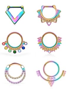 ovxznts 6pcs septum ring septum piercing jewelry 16g septum clicker ring stainless steel septum nose rings hoop for men women 10mm 3/8 inch rainbow