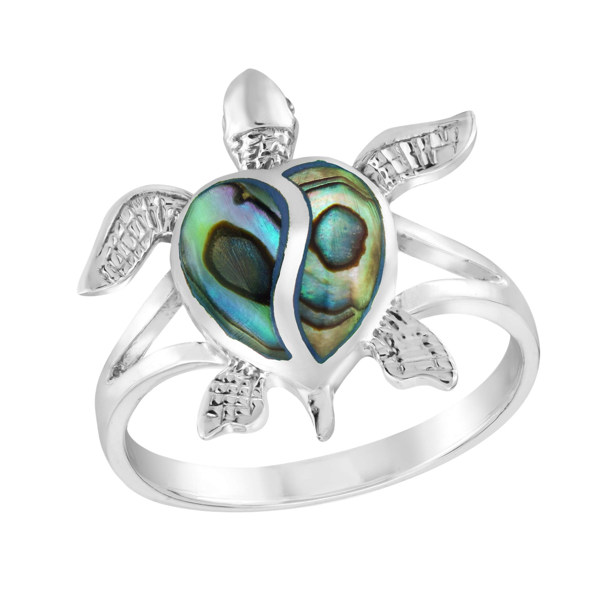 AeraVida Ocean Love Sea Turtle with Heart Shaped Shell & Abalone Seashell Inlays in Sterling Silver Ring Sizes 7-9 for Beach Inspired Style with Tendy Surfer Vibes