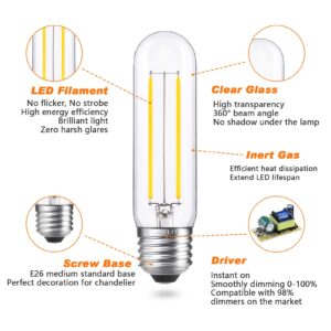 AIELIT E26 LED Tubular Light Bulb 25 Watt Equivalent, Bright White 5000K, 200 Lumens, 2W Daylight DimmableT10/T30 Edison LED Filament Bulbs for Chandelier, 4-Pack