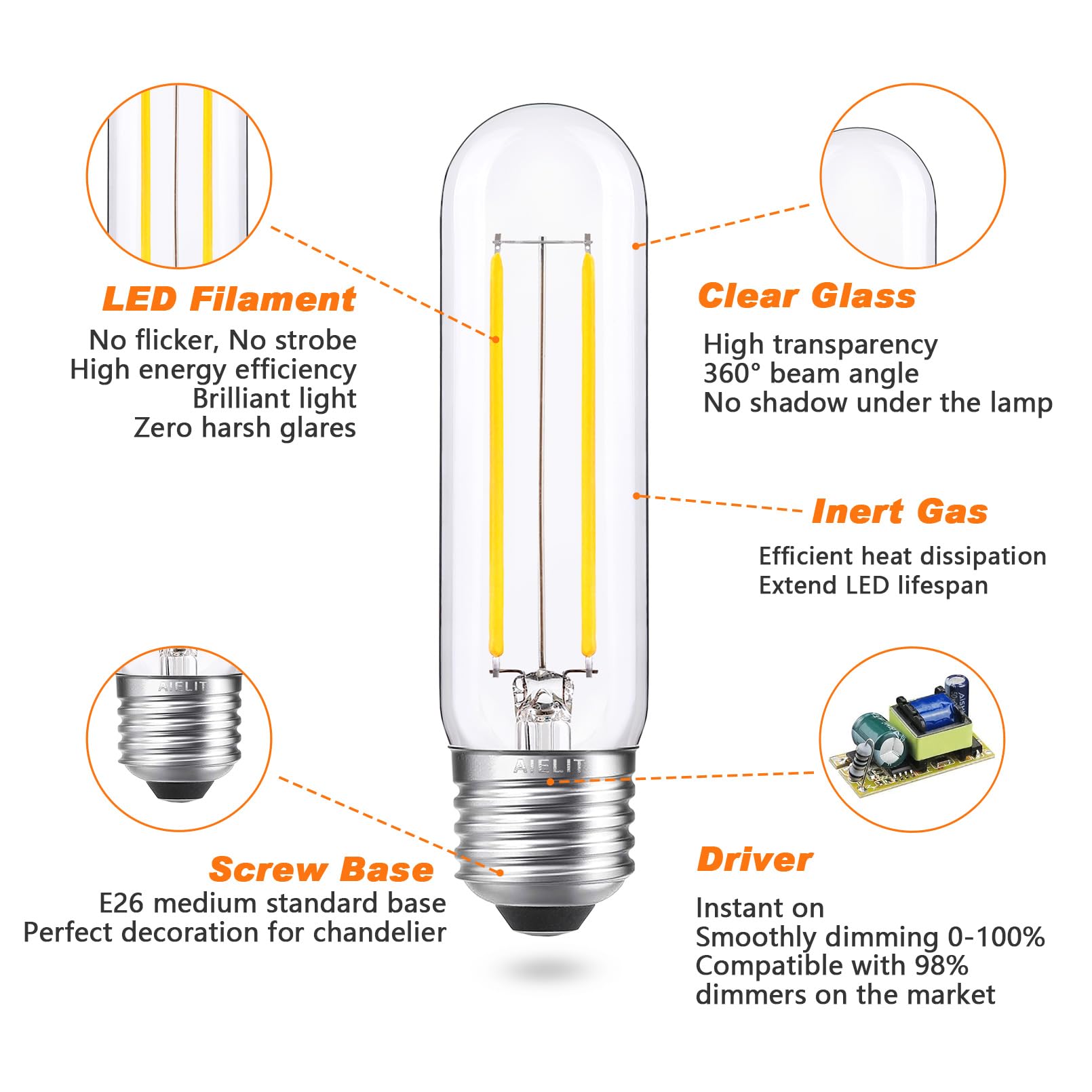 AIELIT E26 LED Tubular Light Bulb 25 Watt Equivalent, Bright White 5000K, 200 Lumens, 2W Daylight DimmableT10/T30 Edison LED Filament Bulbs for Chandelier, 4-Pack