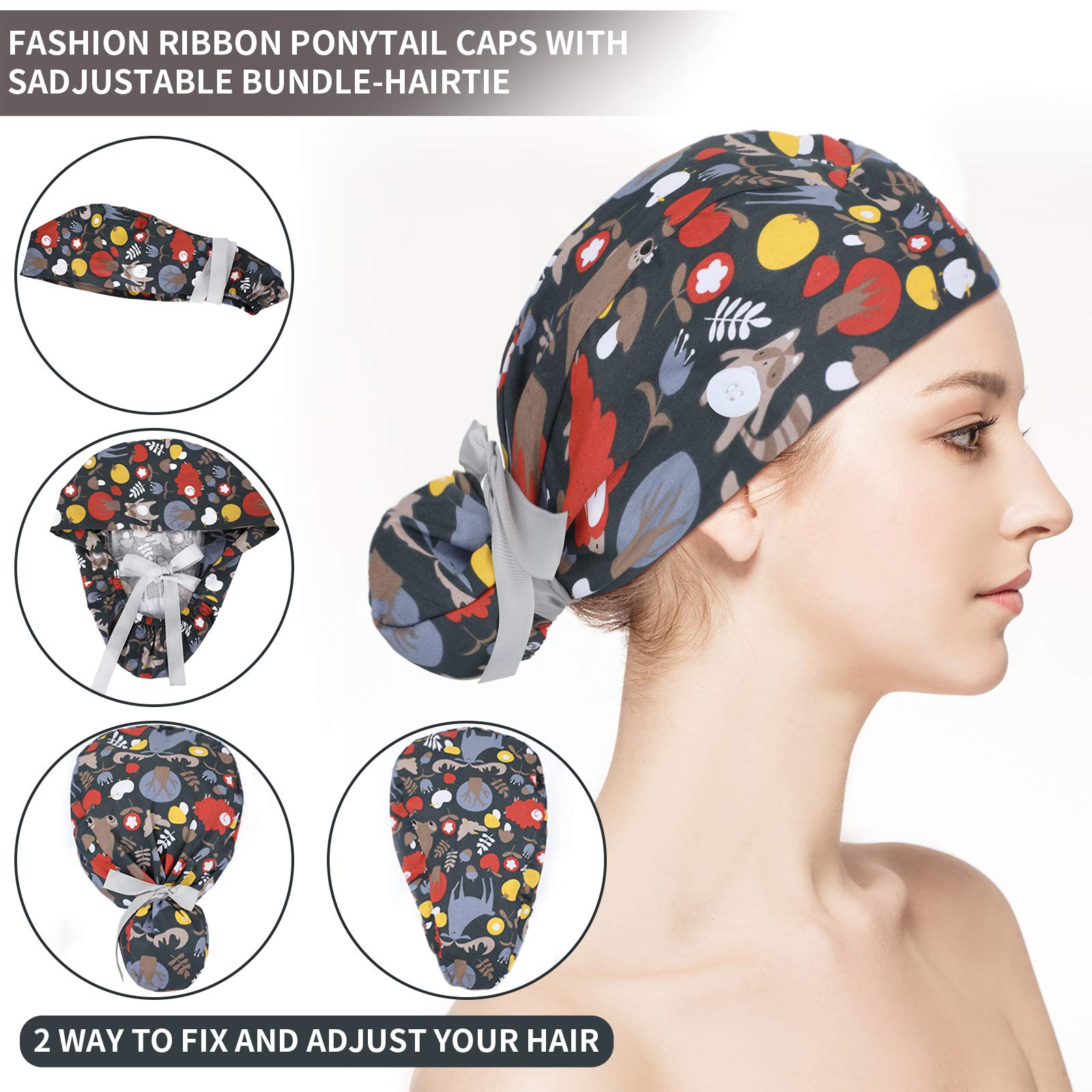 6 Pcs Scrub Caps Women Nursing Hats with Buttons Adjustable Ponytail Holder Bouffant Turban Hats (Retro Patterns)