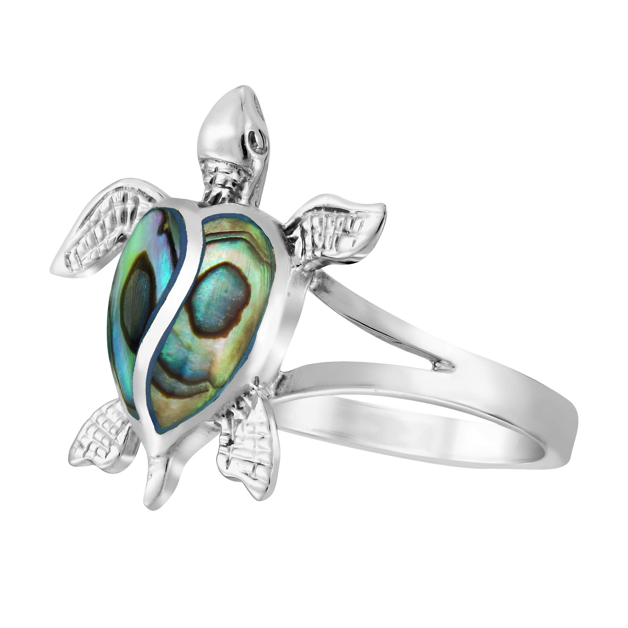 AeraVida Ocean Love Sea Turtle with Heart Shaped Shell & Abalone Seashell Inlays in Sterling Silver Ring Sizes 7-9 for Beach Inspired Style with Tendy Surfer Vibes