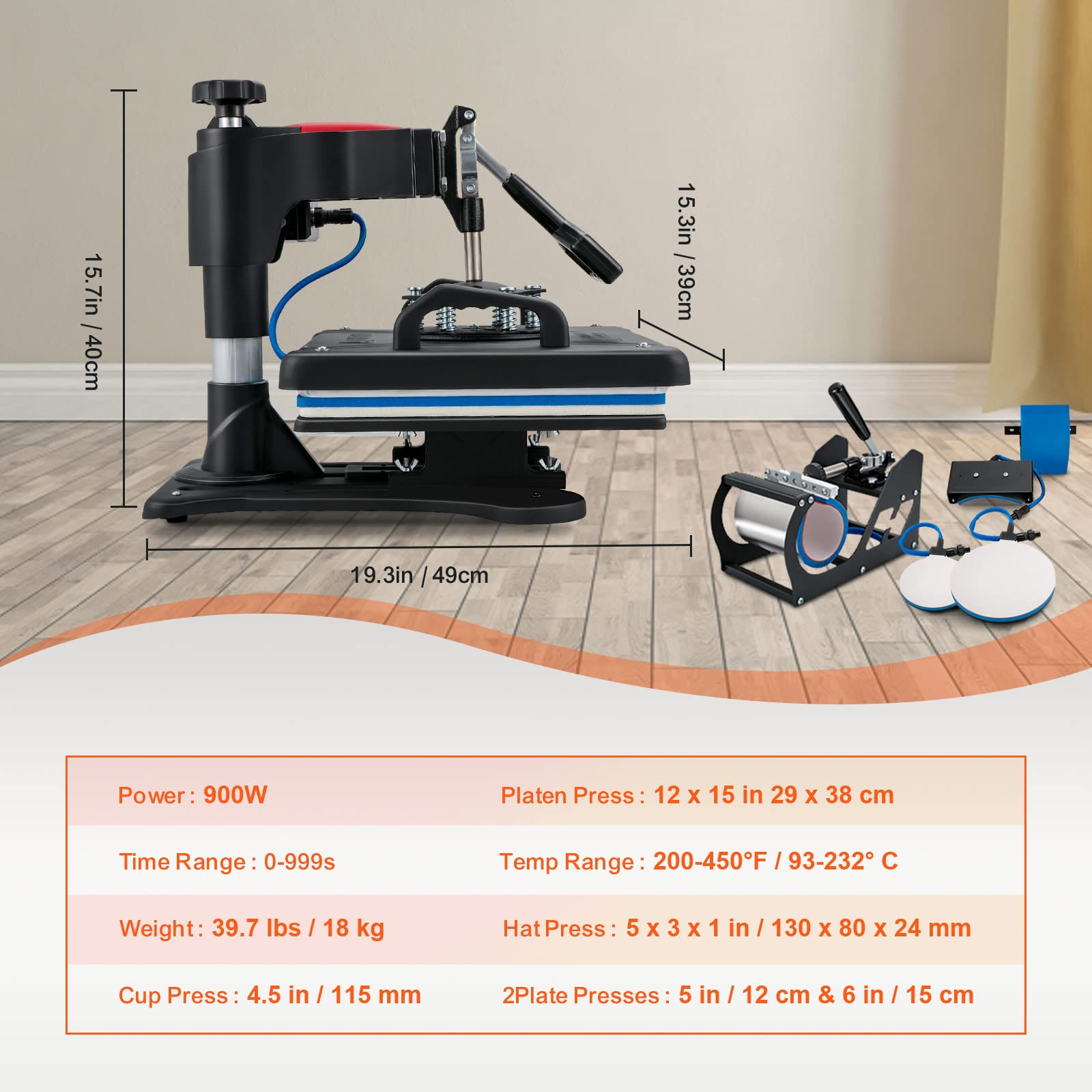 VEVOR Heat Press Machine, 12 x 15 Inch, 5 in 1 Combo Swing Away T-Shirt Sublimation Transfer Printer with Teflon Coated, Mug/Hat/Plate Accessories Included, ETL/FCC Certificated, Black