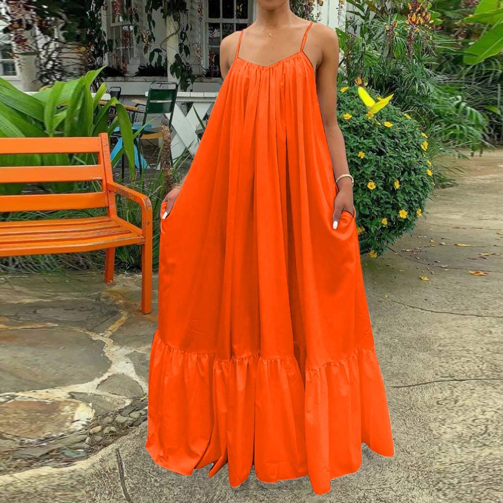 IXnzadn Women Solid Color Long Dresses Sleeveless Off Shoulder Spaghetti Strap Dress Casual Loose Big Swing Maxi Dress Orange,X-Large