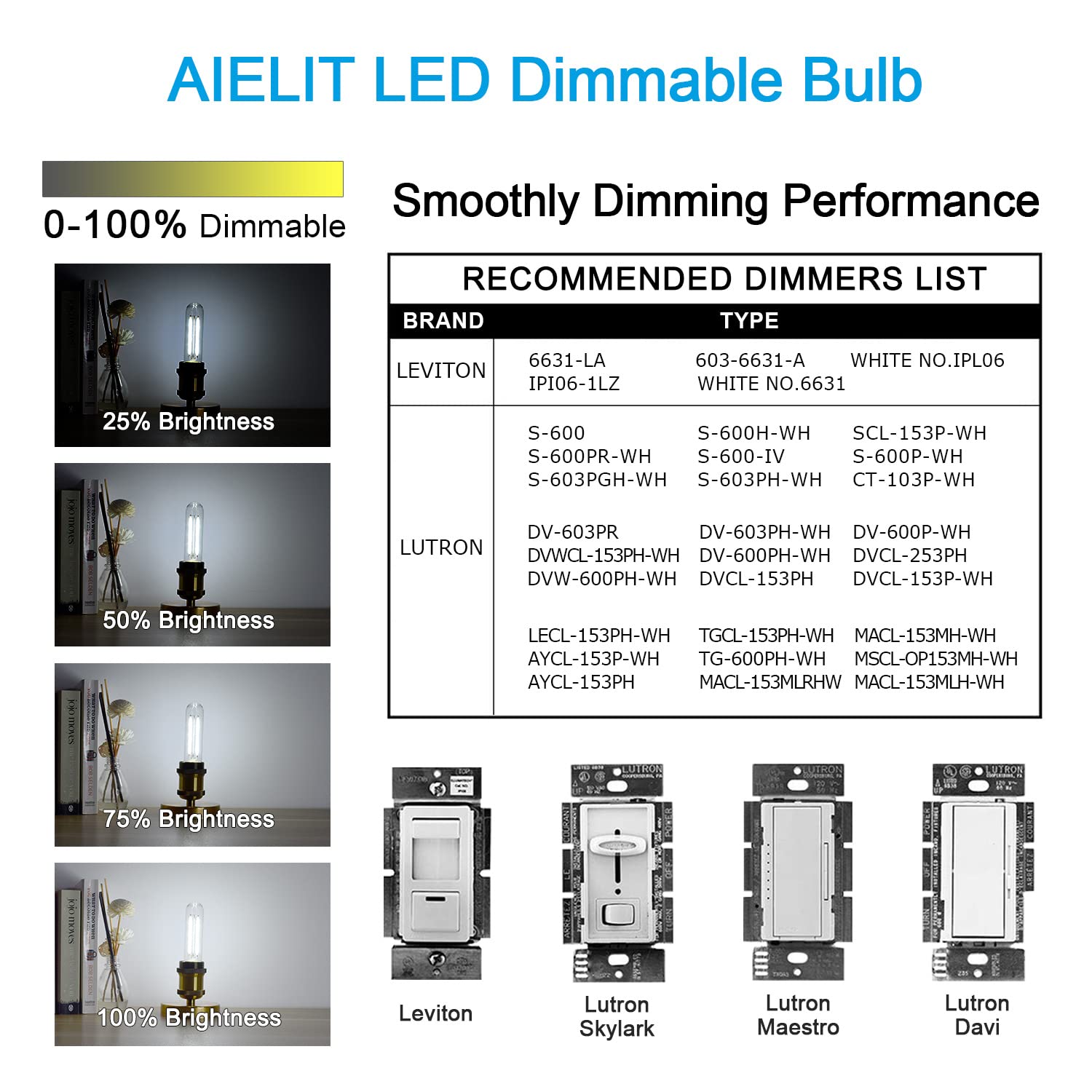 AIELIT E26 LED Tubular Light Bulb 25 Watt Equivalent, Bright White 5000K, 200 Lumens, 2W Daylight DimmableT10/T30 Edison LED Filament Bulbs for Chandelier, 4-Pack