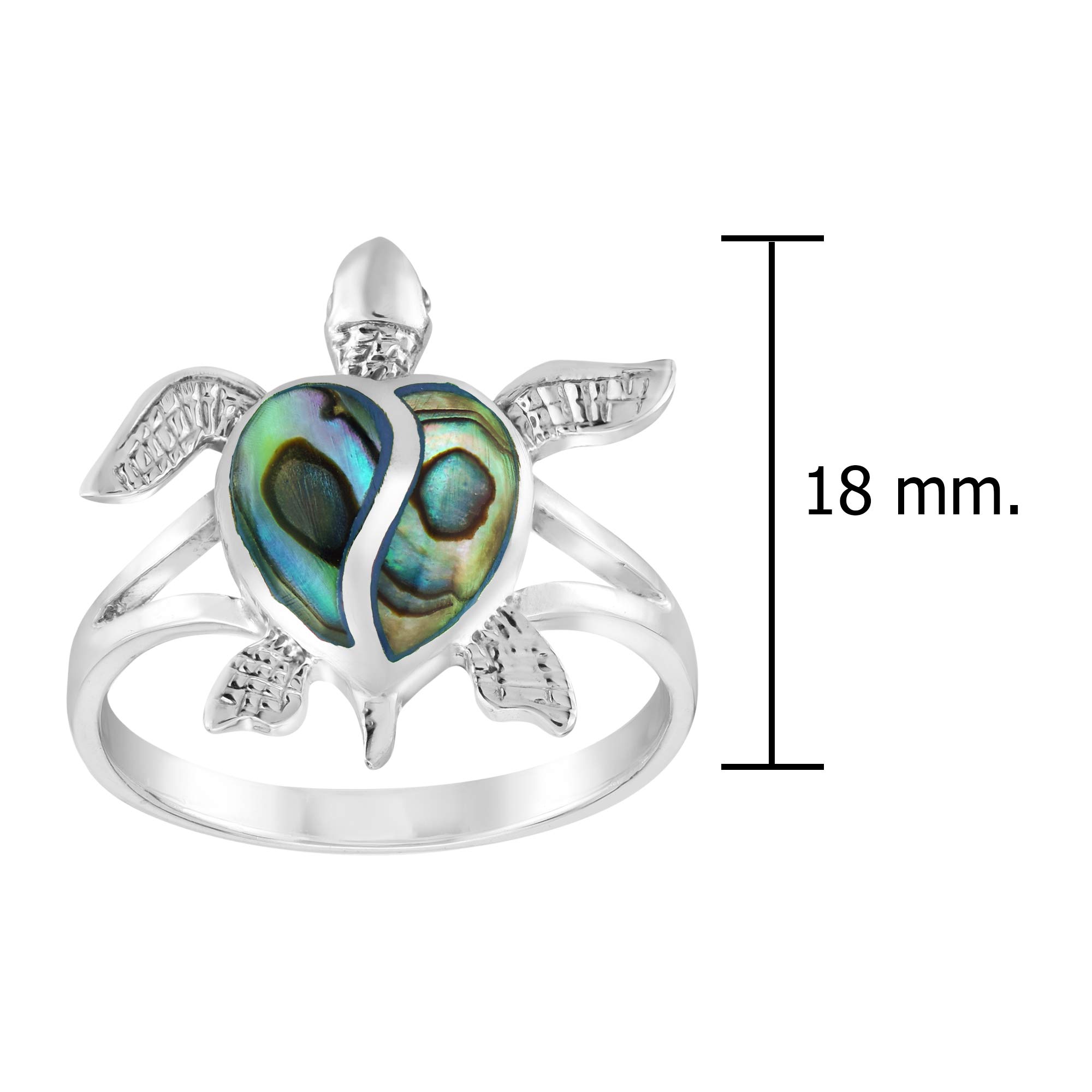 AeraVida Ocean Love Sea Turtle with Heart Shaped Shell & Abalone Seashell Inlays in Sterling Silver Ring Sizes 7-9 for Beach Inspired Style with Tendy Surfer Vibes