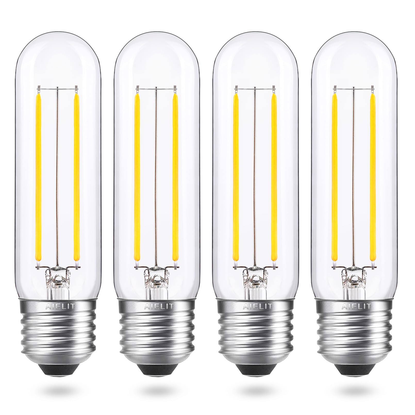 AIELIT E26 LED Tubular Light Bulb 25 Watt Equivalent, Bright White 5000K, 200 Lumens, 2W Daylight DimmableT10/T30 Edison LED Filament Bulbs for Chandelier, 4-Pack