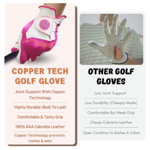 Copper Tech Ladies Golf Gloves 2 Pack - 100% AAA Synthetic Tacky Leather - Optimal Wrist Support for Golfers - Women's Golf Glove Left Hand - Perfect Pink Golf Glove for Fall - (One Size Fits Most)