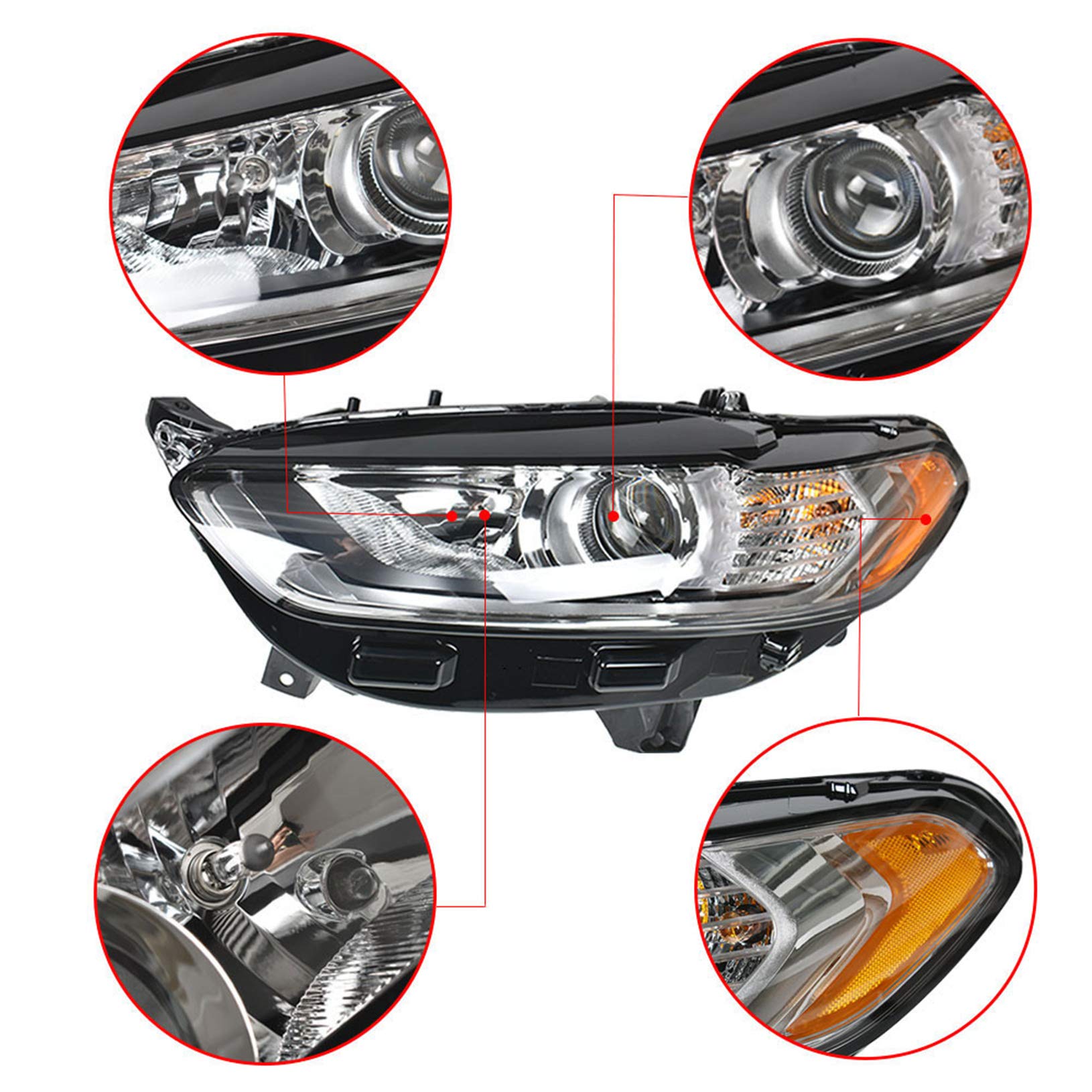 LABLT Headlight Assemblies Replacement for 2013 2014 2015 2016 Fusion 4Door Sedan Halogen Models Projector Chrome Headlight Pair Set Left+Right