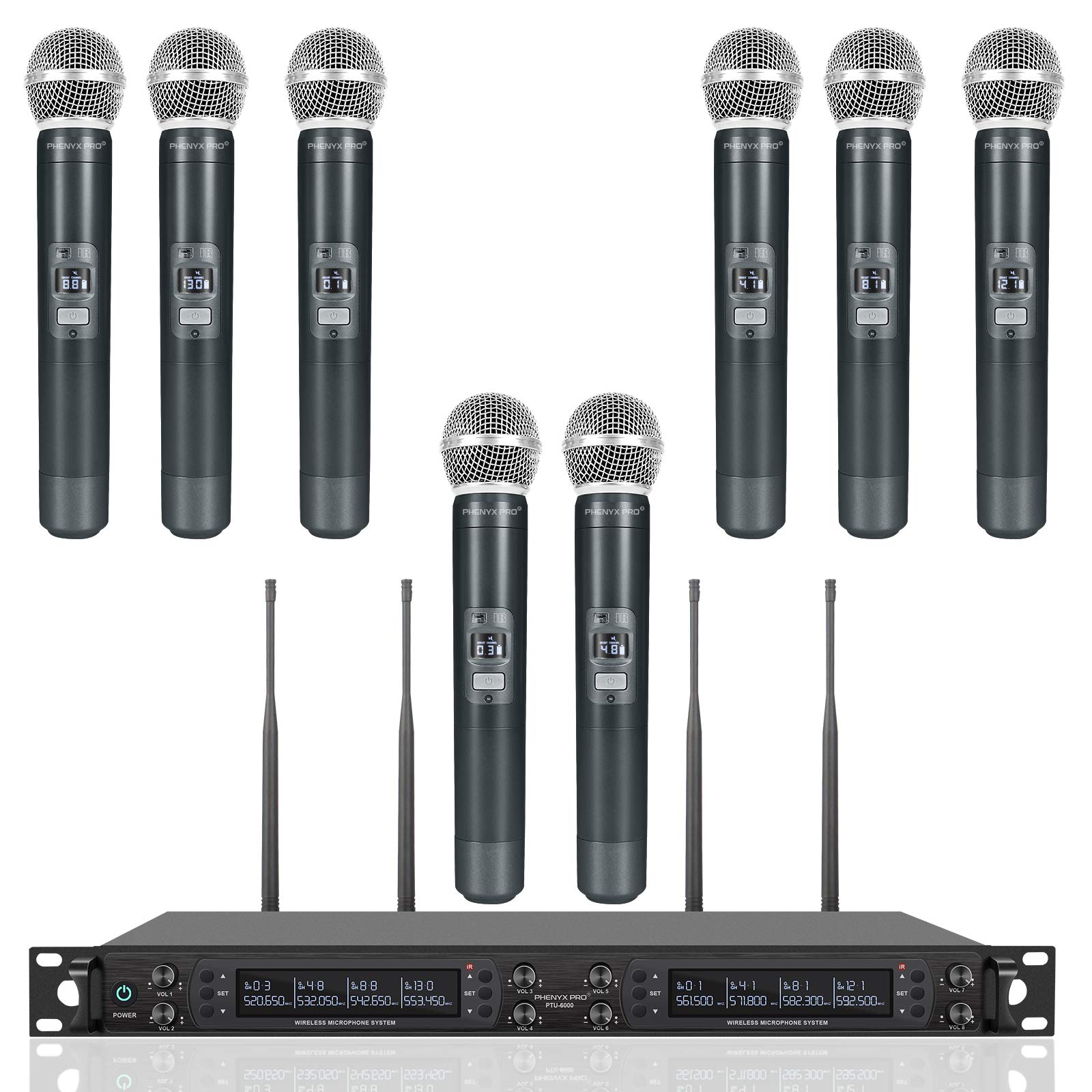 Phenyx Pro Wireless Microphone System, 8-Channel Wireless Mic, w/ 8 Handheld Dynamic Microphones, Auto Scan,8x40 UHF Frequencies, 328ft Range, Microphone for Singing,Church, Karaoke(PTU-6000-8H)