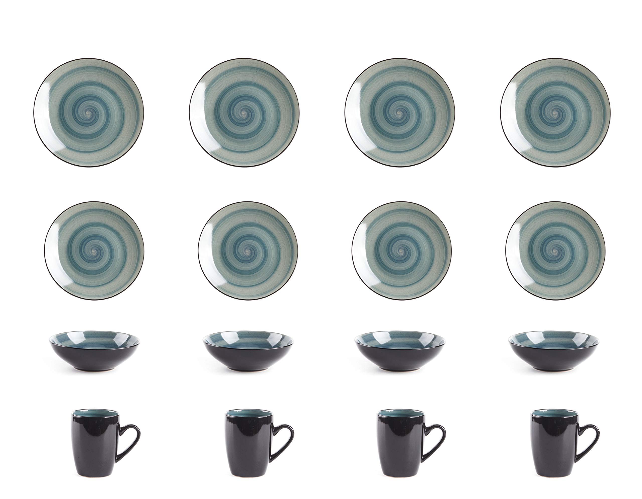 HomeVss, Stoneware Sonoma 16pc Dinnerware Set, Black + Speckled Spin Wash Blue