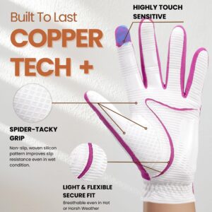 Copper Tech Ladies Golf Gloves 2 Pack - 100% AAA Synthetic Tacky Leather - Optimal Wrist Support for Golfers - Women's Golf Glove Left Hand - Perfect Pink Golf Glove for Fall - (One Size Fits Most)