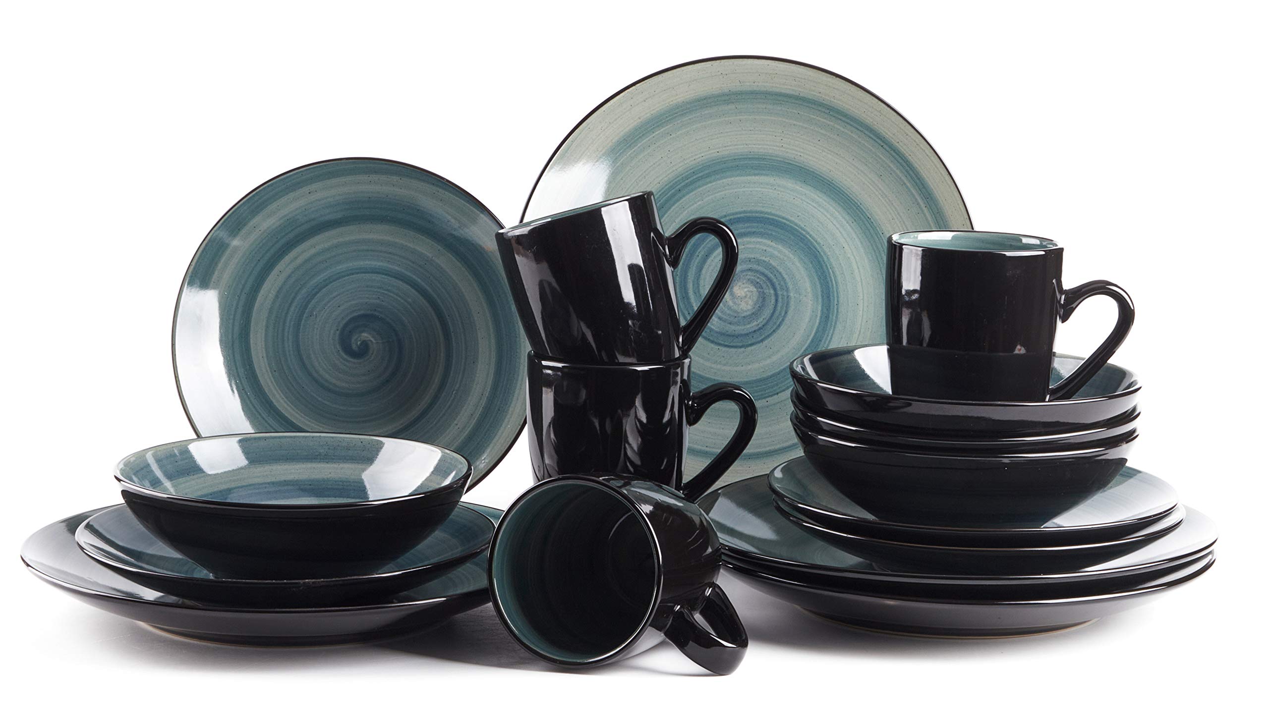 HomeVss, Stoneware Sonoma 16pc Dinnerware Set, Black + Speckled Spin Wash Blue