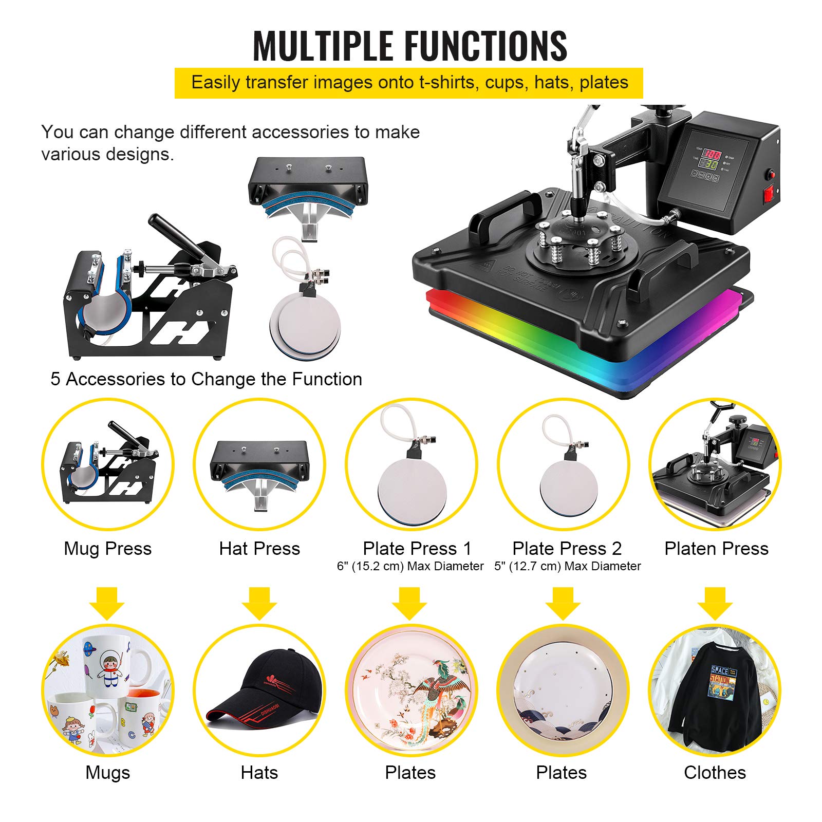 VEVOR Heat Press Machine, 12 x 15 Inch, 5 in 1 Combo Swing Away T-Shirt Sublimation Transfer Printer with Teflon Coated, Mug/Hat/Plate Accessories Included, ETL/FCC Certificated, Black